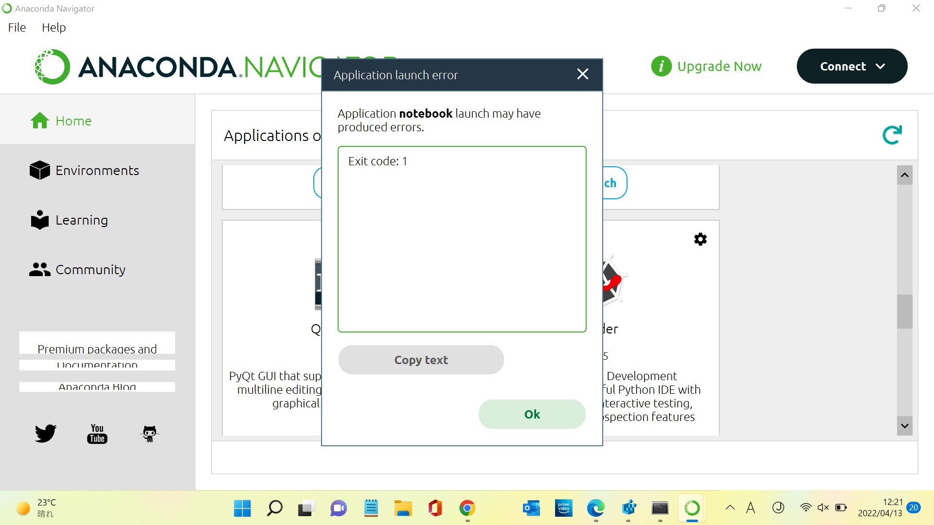Anaconda Navigator jupyter Notebook Exit Code 1 
