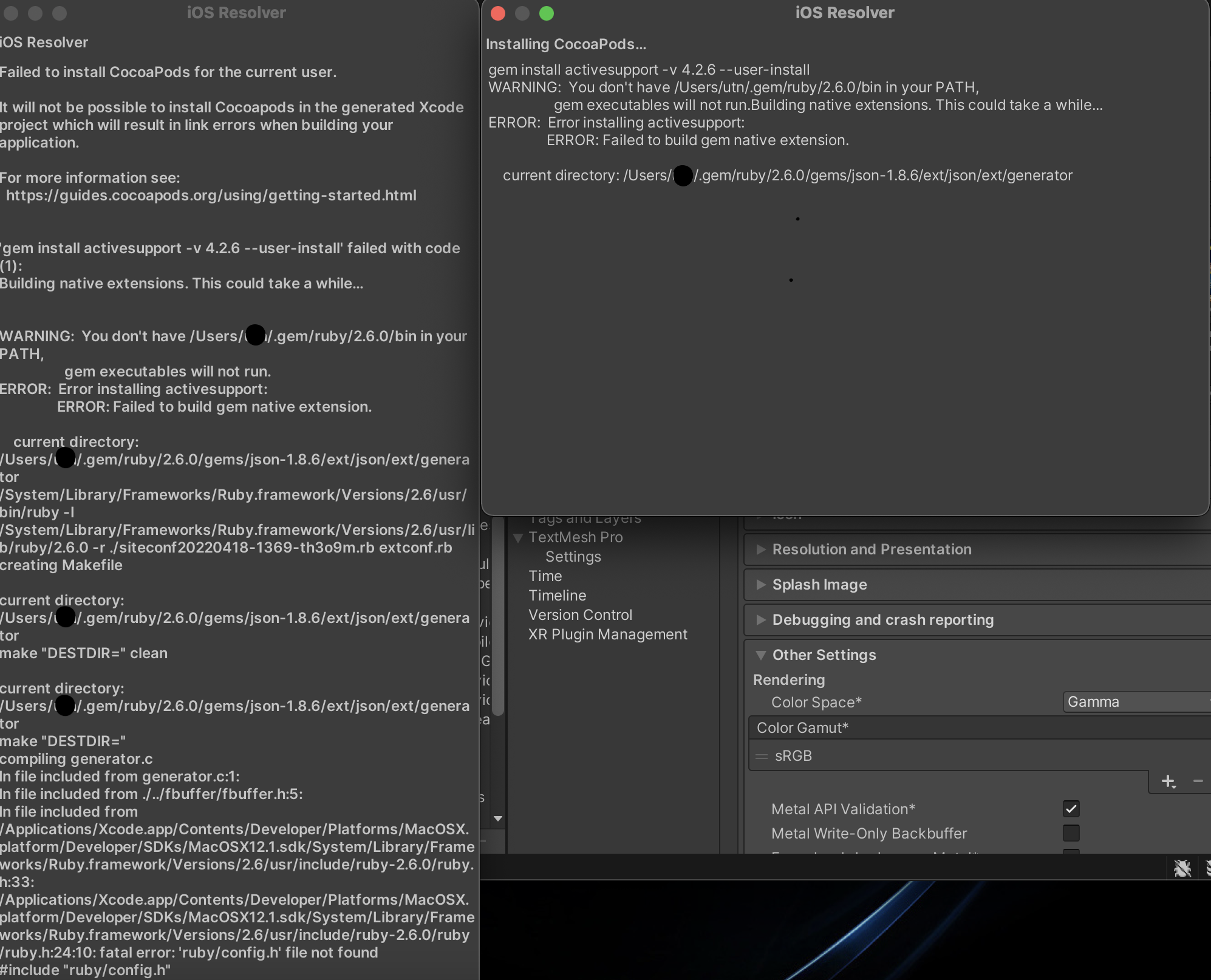 unity cocoa pods Failed to build gem native extension. | teratail