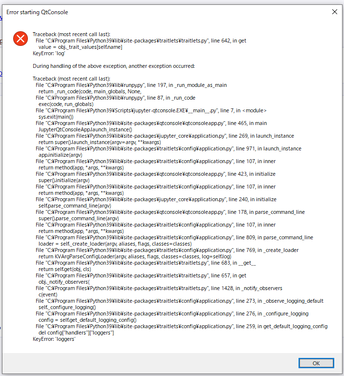 jupyter qtconsoleを実行するとエラーが表示される