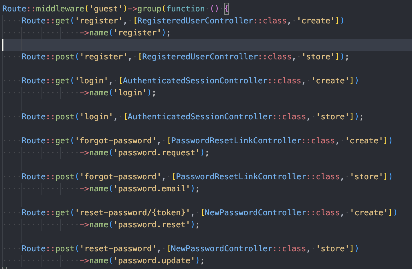 Laravel ルーティングの書き方についての質問 Route::get("/dashboard".... Route::get("register"...