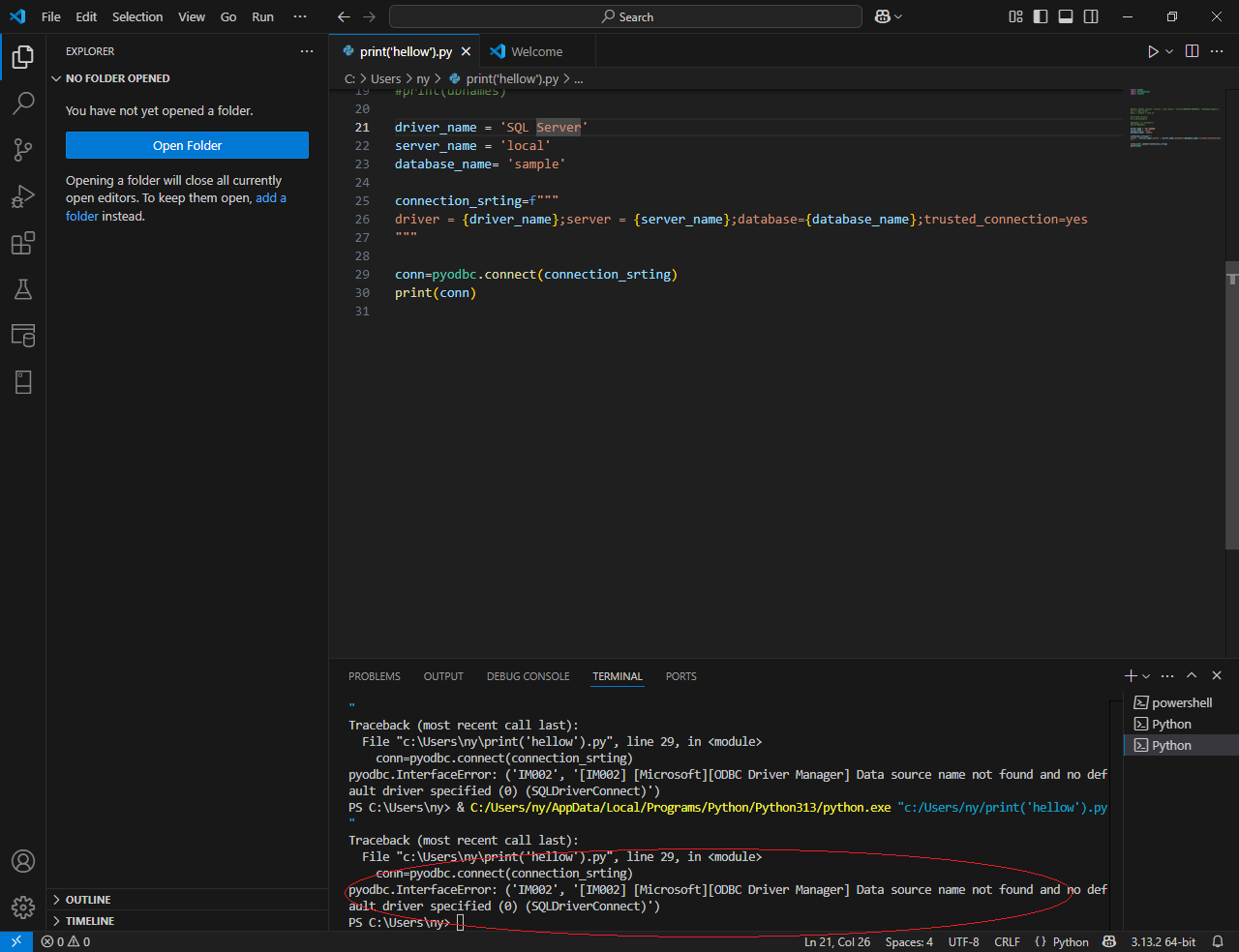 i got error when i make connection between sql server and python | teratail
